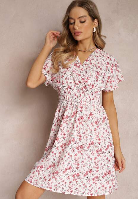 Biało-Czerwona Rozkloszowana Sukienka z Gumką w Pasie Heffah - Renee