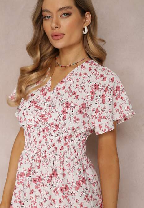 Biało-Czerwona Rozkloszowana Sukienka z Gumką w Pasie Heffah - Renee