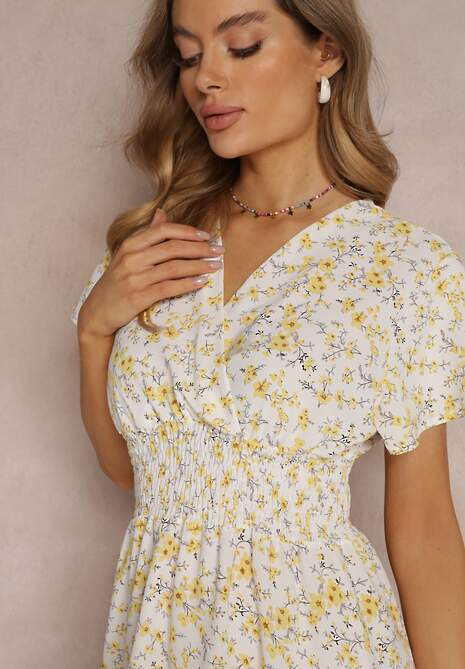 Beżowa Rozkloszowana Sukienka z Gumką w Pasie Heffah - Renee