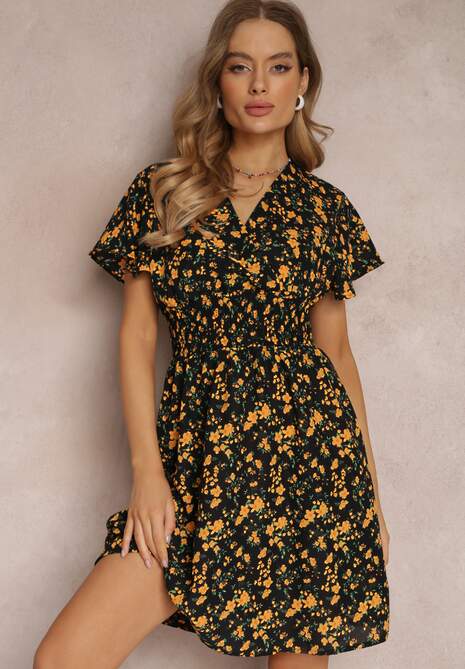 Czarna Rozkloszowana Sukienka z Gumką w Pasie Heffah - Renee