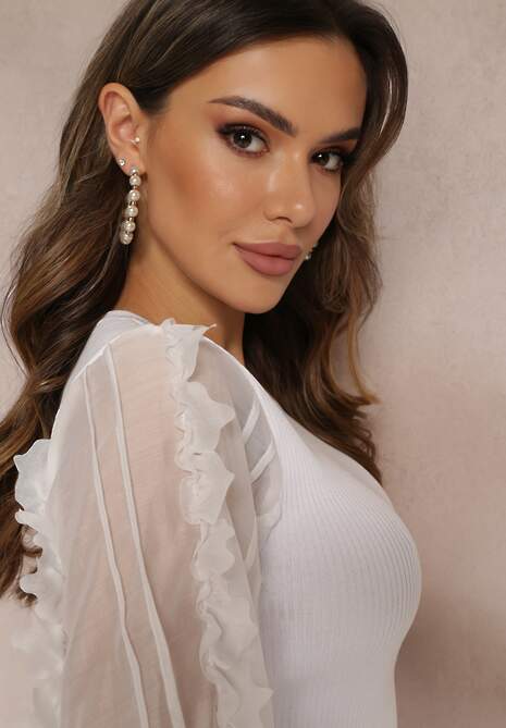 Biała Prążkowana Bluzka z Transparentnymi Rękawami Dmya - Renee