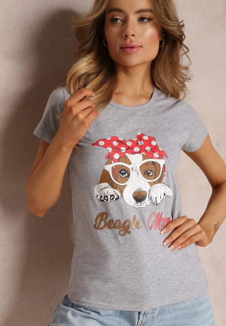 Szary T-shirt z Krótkim Rękawem i Nadrukiem Lintha - Renee