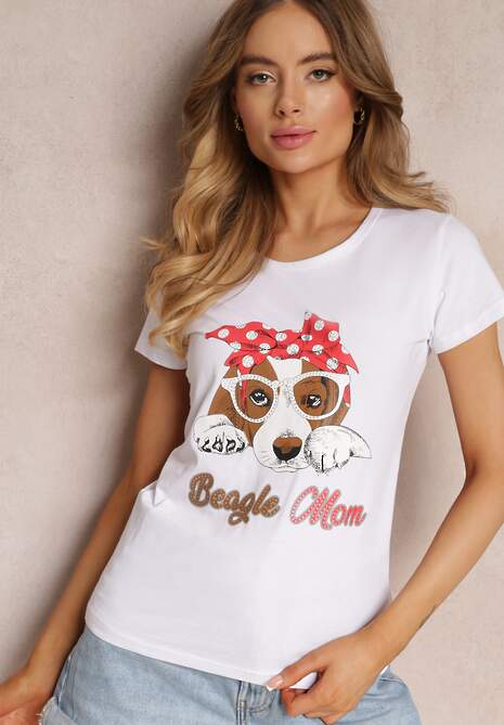Biały T-shirt z Krótkim Rękawem i Nadrukiem Lintha - Renee