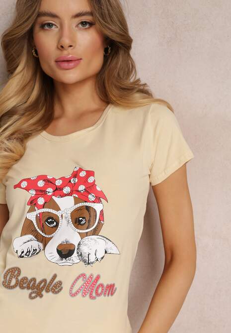 Beżowy T-shirt z Krótkim Rękawem i Nadrukiem Lintha - Renee