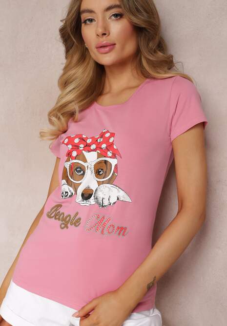Różowy T-shirt z Krótkim Rękawem i Nadrukiem Lintha - Renee