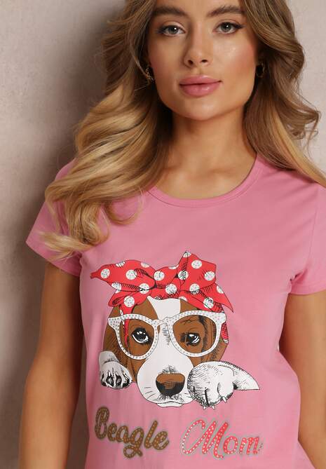 Różowy T-shirt z Krótkim Rękawem i Nadrukiem Lintha - Renee