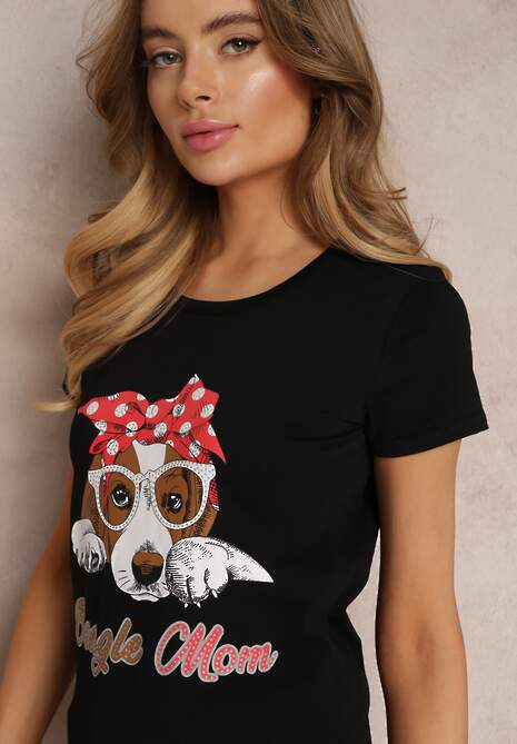 Czarny T-shirt z Krótkim Rękawem i Nadrukiem Lintha - Renee