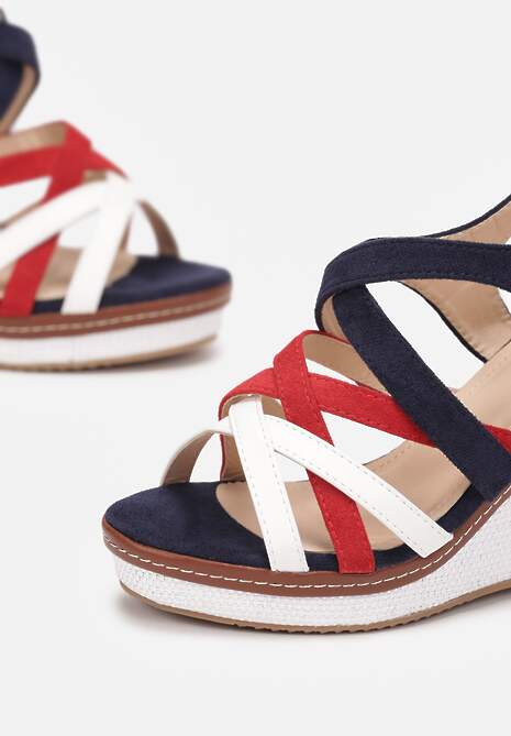 Granatowe Sandały na Koturnie z Paskami z Imitacji Zamszu Addysen - Renee