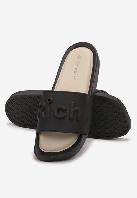 Czarne Klapki Basenowe z Paskiem z Tłoczonym Napisem i Kwadratowym ...