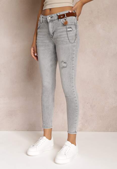 Szare Jeansy Skinny z Dziurami i Dodatkowym Paskiem z Łańcuszkiem ...