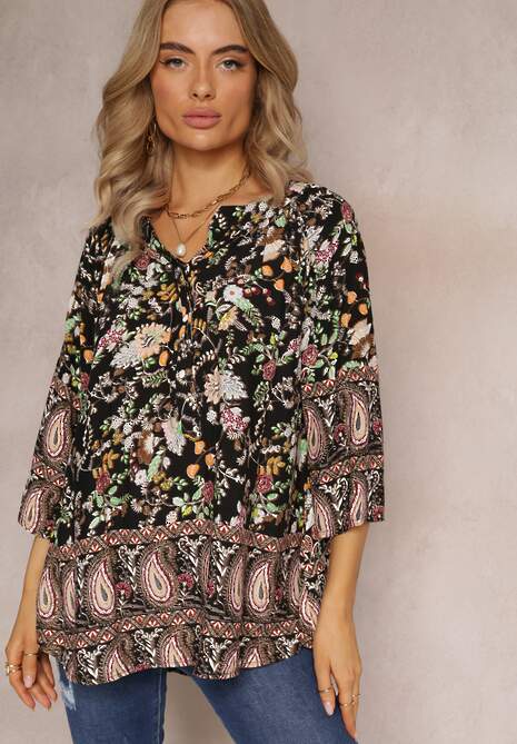 Czarna Bluzka z Bawełny w Kwiatowy Print Zapinana na Guziki Cirah - Renee