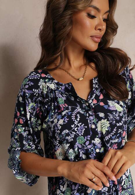 Granatowa Bluzka z Bawełny w Kwiatowy Print Zapinana na Guziki Cirah ...