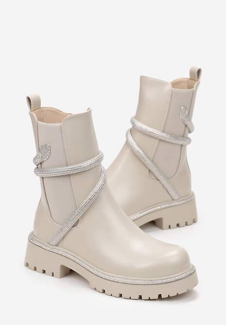 Beżowe Ocieplone Botki na Płaskiej Podeszwie z Protektorem i Cyrkoniami ...