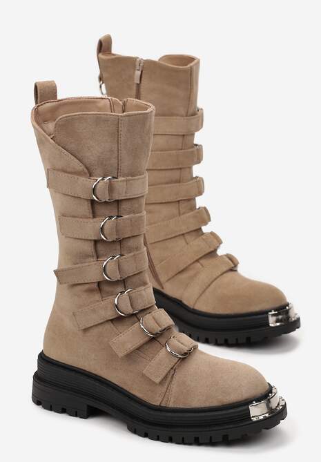 Ciemnobeżowe Płaskie Botki na Grubej Podeszwie z Protektorem ...