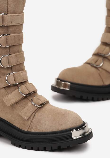 Ciemnobeżowe Płaskie Botki na Grubej Podeszwie z Protektorem ...