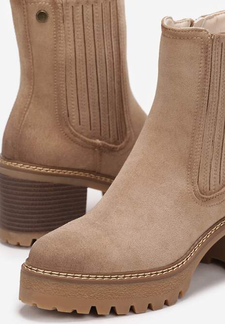 Beżowe Botki na Obcasie w Stylu Boho z Elastyczną Wstawką Eluzer - Renee
