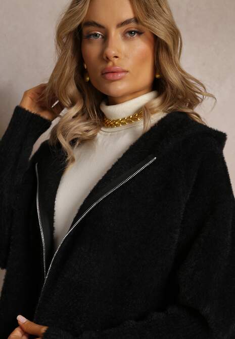 Czarny Długi Kardigan Zapinany na Zamek Błyskawiczny z Kieszeniami i ...