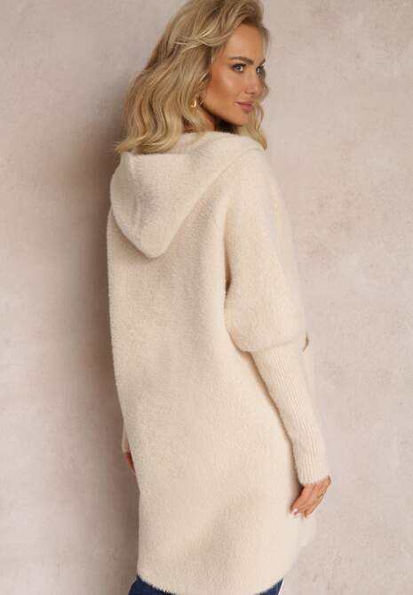 Beżowy Długi Kardigan Zapinany na Zamek Błyskawiczny z Kieszeniami i ...