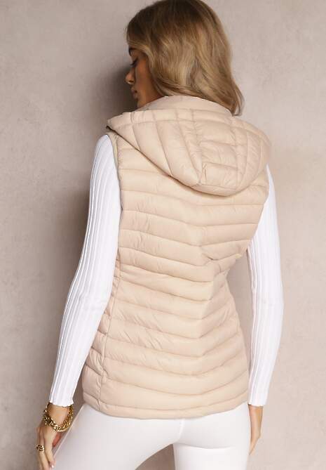 Beżowa Kamizelka z Pikowaniem Kapturem i Kieszeniami Kimes - Renee