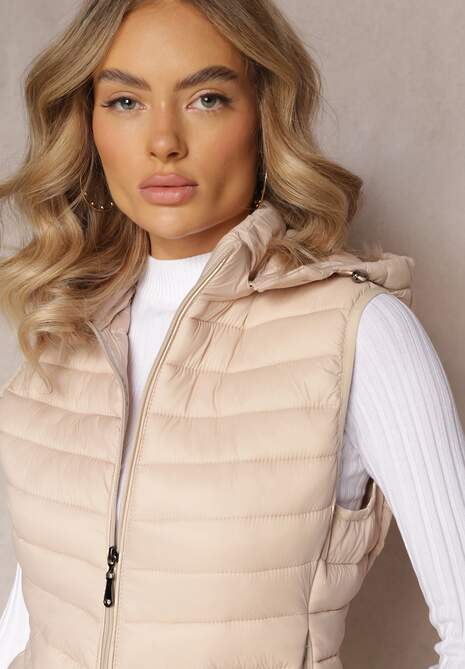 Beżowa Kamizelka z Pikowaniem Kapturem i Kieszeniami Kimes - Renee