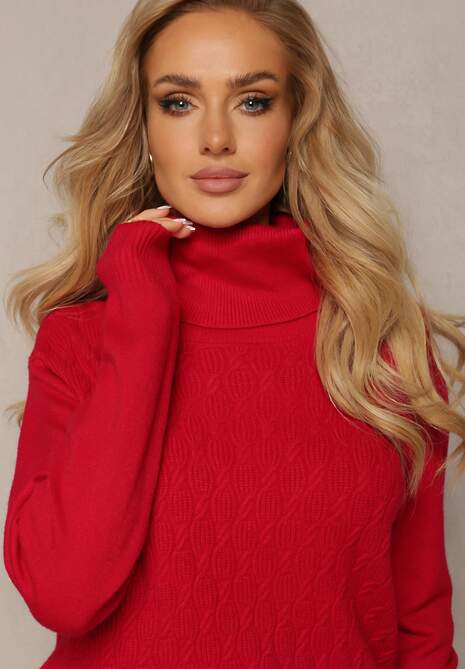 Czerwony Sweter z Wywijanym Golfem Ozdobiony Splotem Misova - Renee