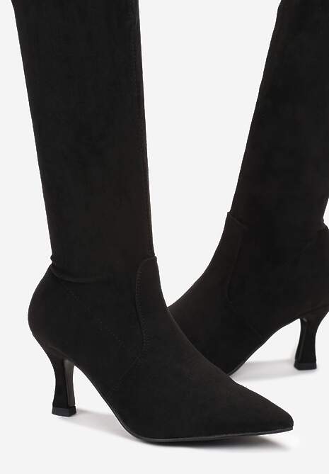 Czarne Kozaki z Dopasowaną Cholewką na Klepsydrowym Słupku Viera - Renee