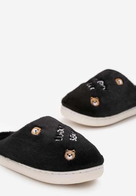 Czarne Kapcie z Futerka z Haftowanymi Naszywkami Humine - Renee