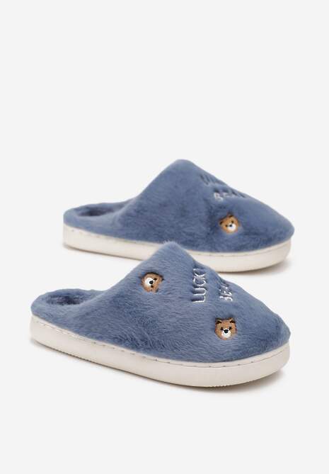 Niebieskie Kapcie z Futerka z Haftowanymi Naszywkami Humine - Renee