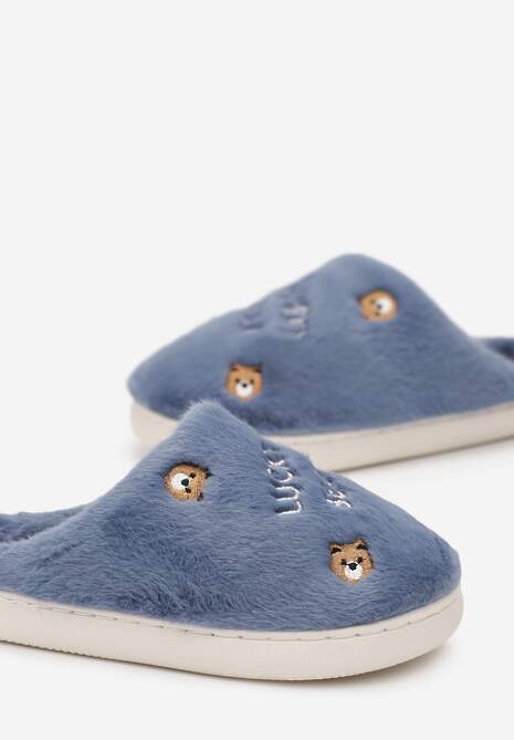 Niebieskie Kapcie z Futerka z Haftowanymi Naszywkami Humine - Renee