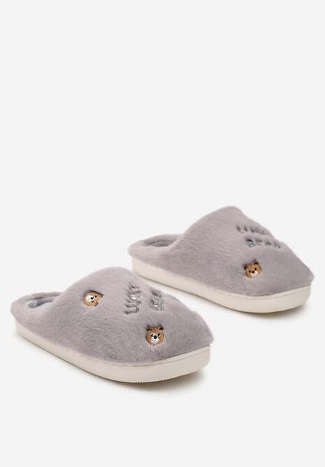 Szare Kapcie z Futerka z Haftowanymi Naszywkami Humine - Renee