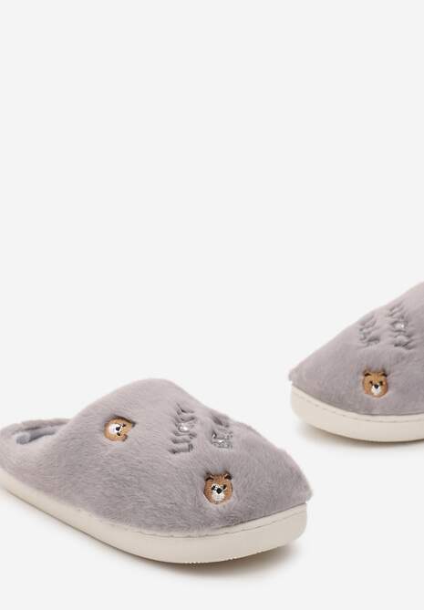 Szare Kapcie z Futerka z Haftowanymi Naszywkami Humine - Renee