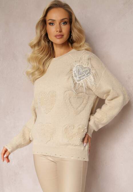 Beżowy Sweter z Piórami i Naszywkami w Perły i Cyrkonie Osama - Renee