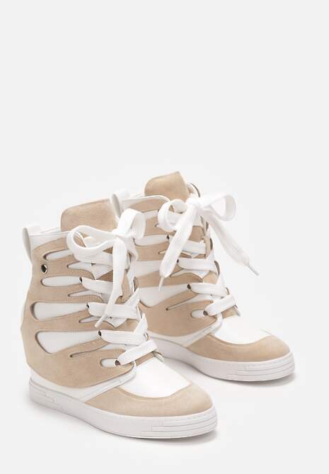 Beżowe Sznurowane Sneakersy na Ukrytym Koturnie z Ozdobnymi Wycięciami ...