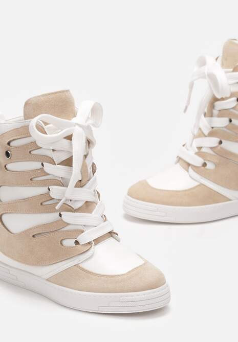 Beżowe Sznurowane Sneakersy na Ukrytym Koturnie z Ozdobnymi Wycięciami ...
