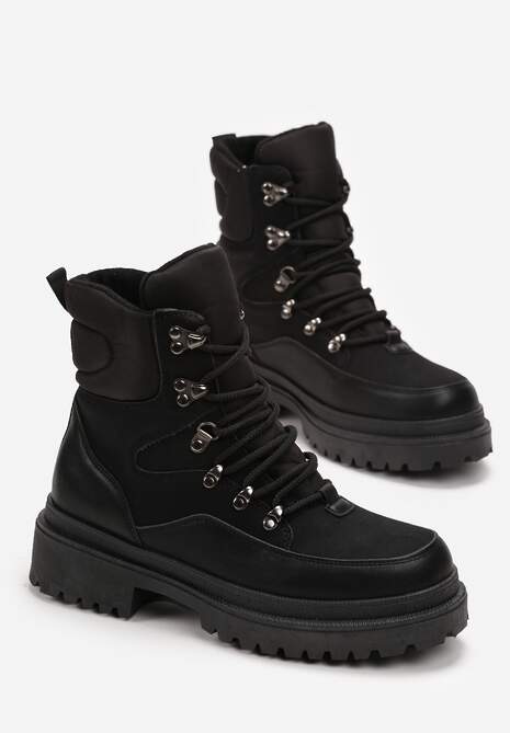 Czarne Płaskie Traperki za Kostkę z Protektorem i Przeszyciami na ...