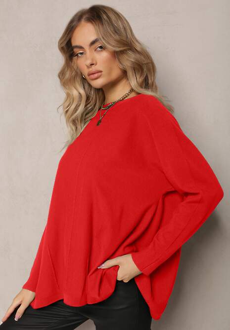 Czerwony Sweter z Rękawami w Stylu Nietoperz i Przeszyciami Kullani - Renee