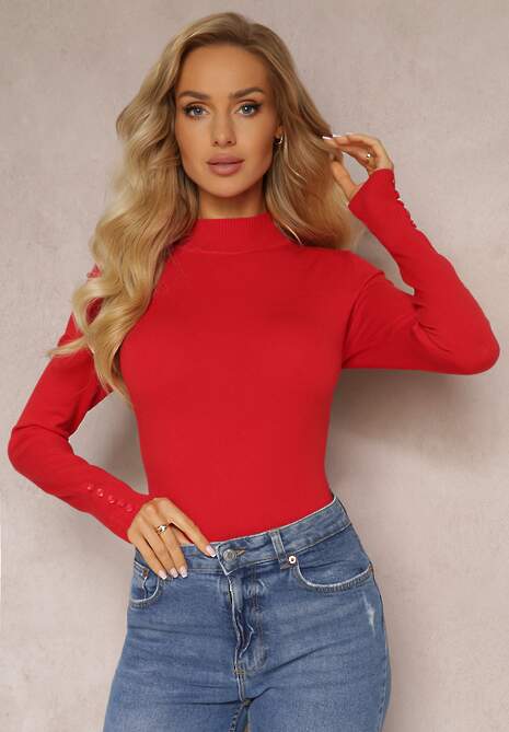 Czerwony Sweter z Golfem z Drobnymi Guzikami Przy Rękawach Larutta - Renee