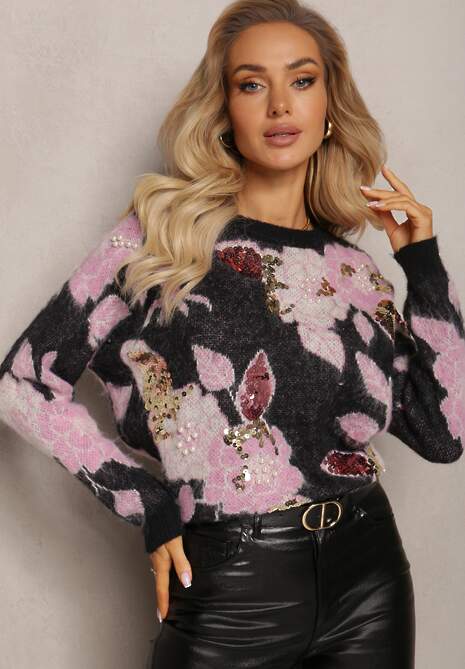 Różowo-Czarny Klasyczny Sweter Wełniany w Cekiny Surisa - Renee