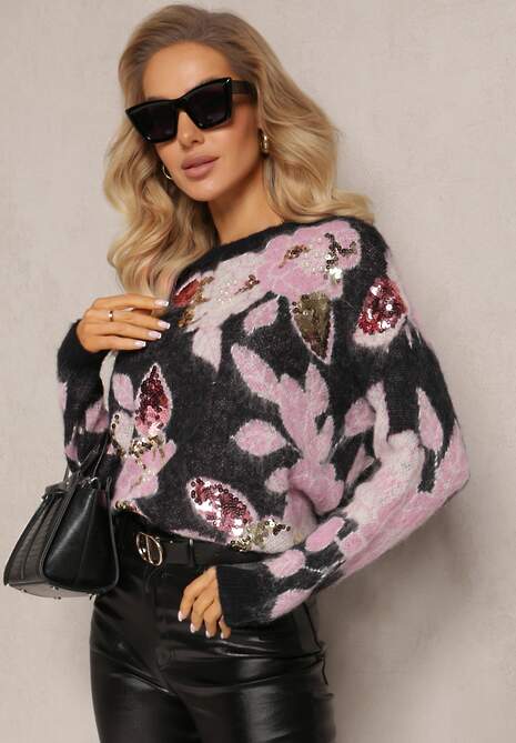 Różowo-Czarny Klasyczny Sweter Wełniany w Cekiny Surisa - Renee