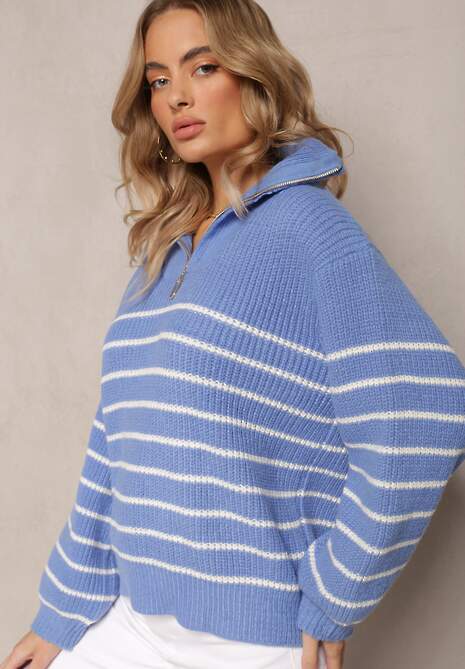 Niebiesko-Biały Golf Sweter z Zapięciem na Suwak w Paski z Długim ...