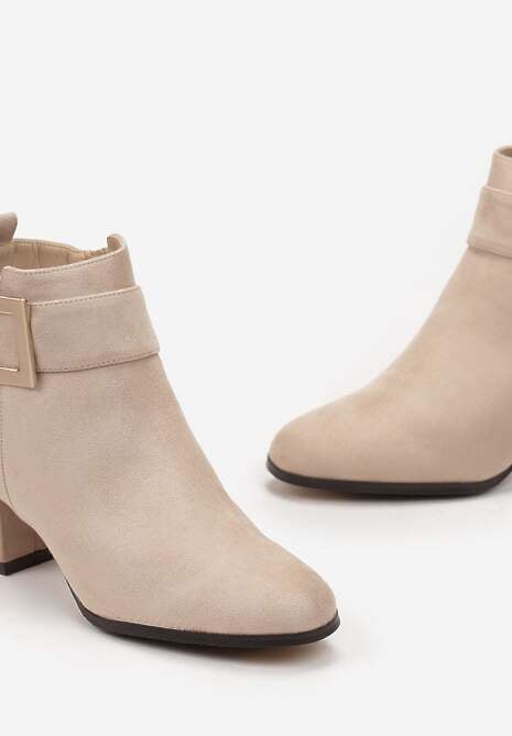 Beżowe Botki na Słupku z Ozdobną Klamerką Lisabe - Renee