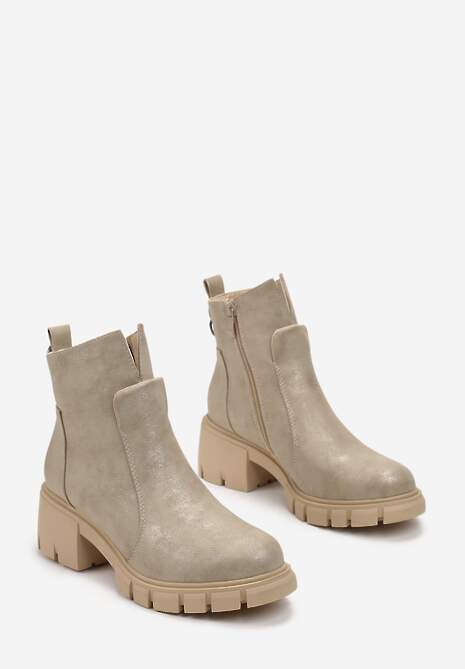Beżowe Botki na Słupku z Bieżnikiem Akachi - Renee