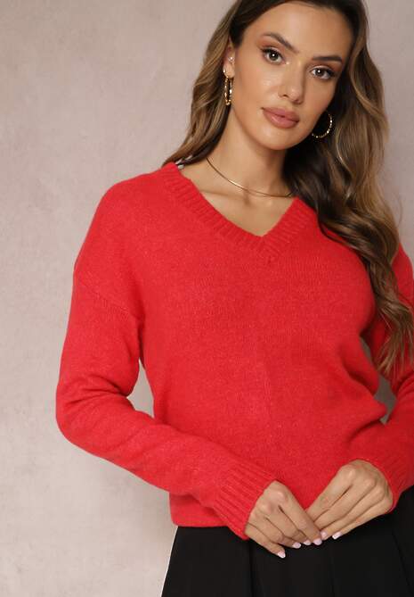 Czerwony Sweter z Trójkątnym Dekoltem Zerdda - Renee