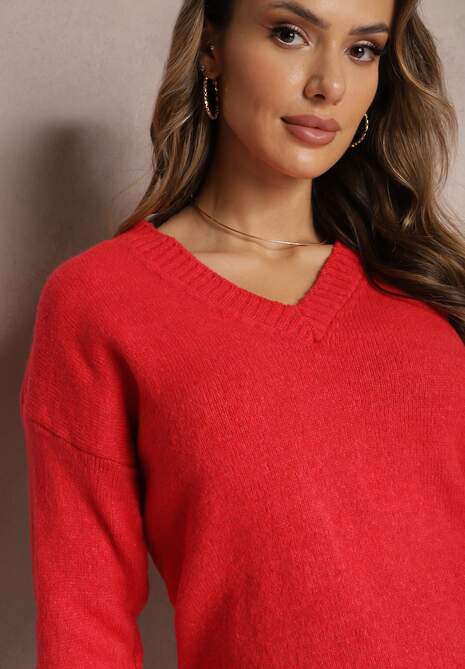 Czerwony Sweter z Trójkątnym Dekoltem Zerdda - Renee