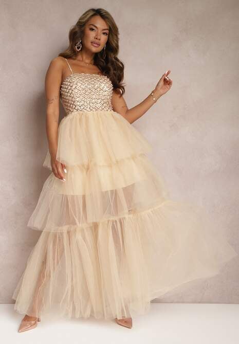 Beżowa Wieczorowa Sukienka Maxi Ozdobiona Cekinami i Falbankami z Tiulu ...