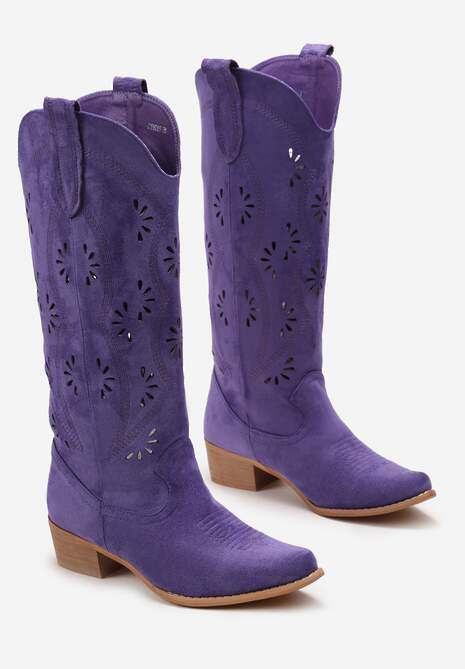 Fioletowe Kozaki Kowbojki na Płaskim Obcasie z Ażurową Cholewką z ...