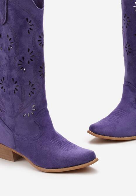 Fioletowe Kozaki Kowbojki na Płaskim Obcasie z Ażurową Cholewką z ...
