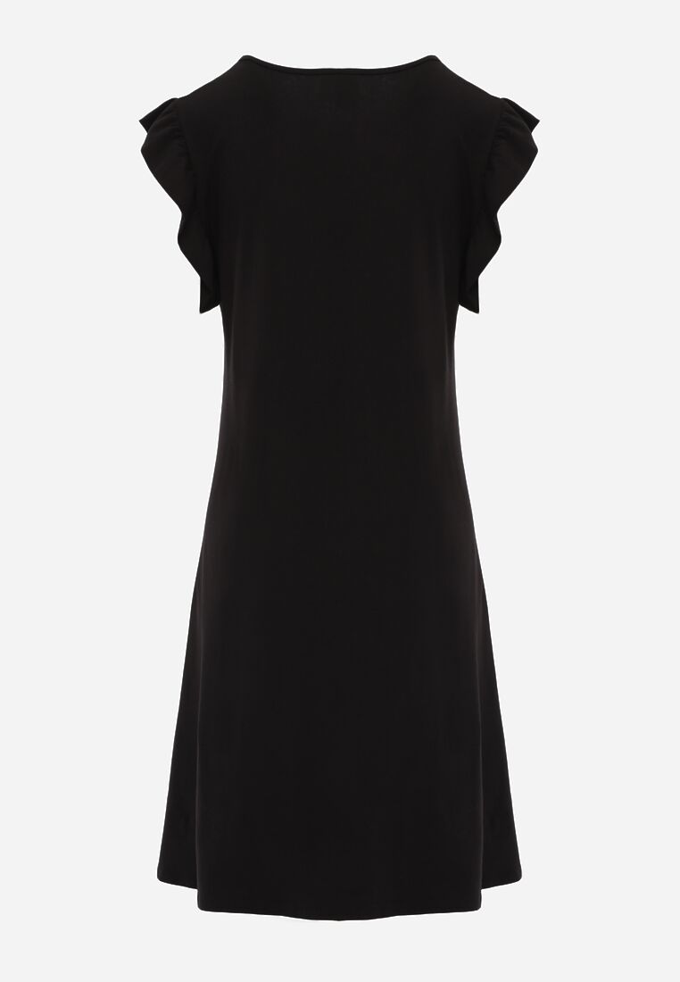 Rochie Trapez Neagră din Bumbac Elastic cu Volane La Umeri Aleradia - Renee
