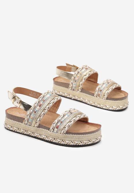 Złote Boho Sandały na Płaskiej Podeszwie Zapinane na Sprzączkę Ascetta ...