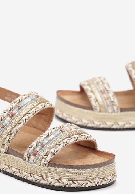 Złote Boho Sandały na Płaskiej Podeszwie Zapinane na Sprzączkę Ascetta ...